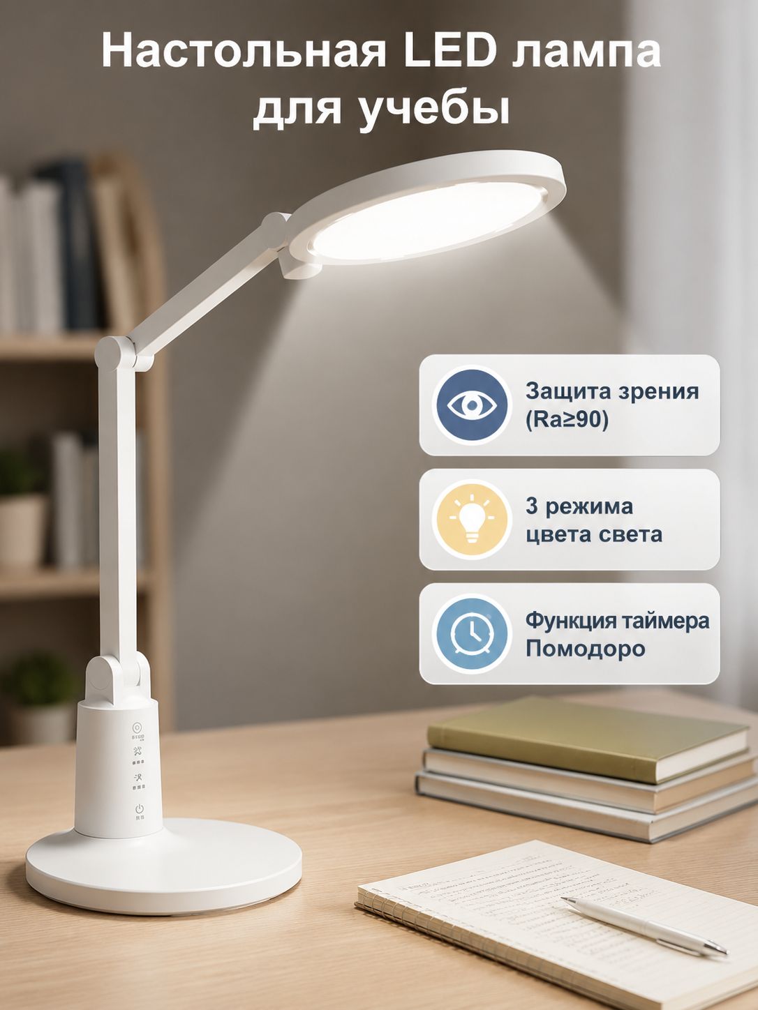 Настольная светодиодная лампа для чтения, круглая, белая, с таймером и аккумулятором, три режима света