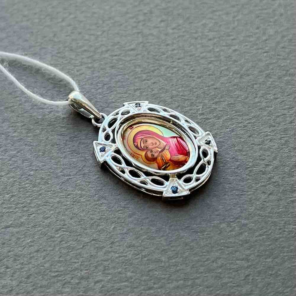 Иконка Даръ, серебро, 925 проба, родирование, перламутр, эмаль, сапфир