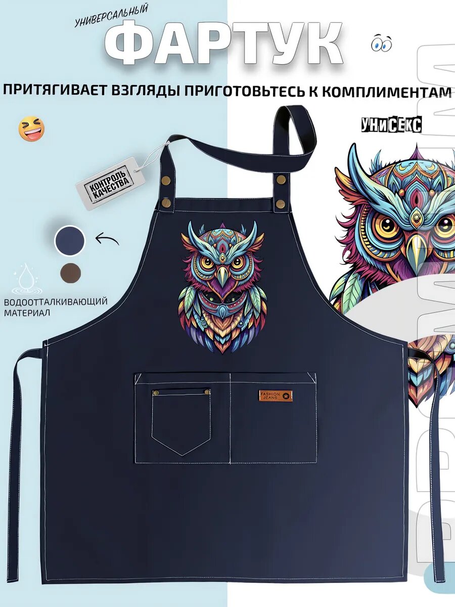 Фартук Сова Owl мультфильм орнамент перья кухонный с принтом универсальный