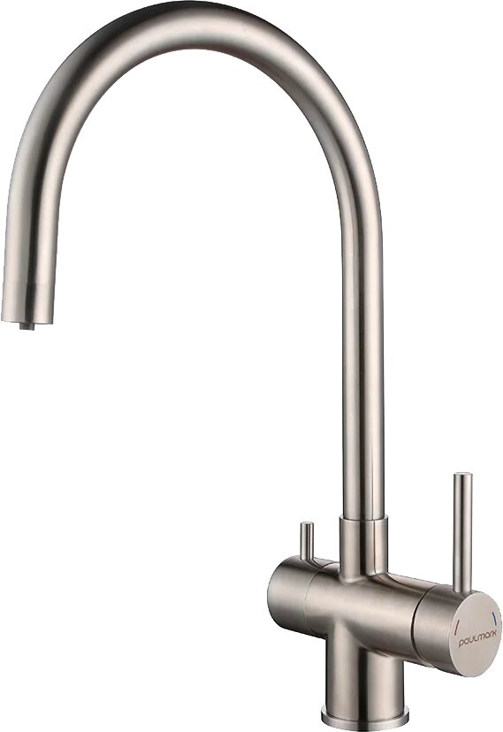 Смеситель для кухни Paulmark Heller He213218-BS с краном для питьевой воды, с поворотным изливом, матовый, однорычажный, нержавеющая сталь, с керамическ