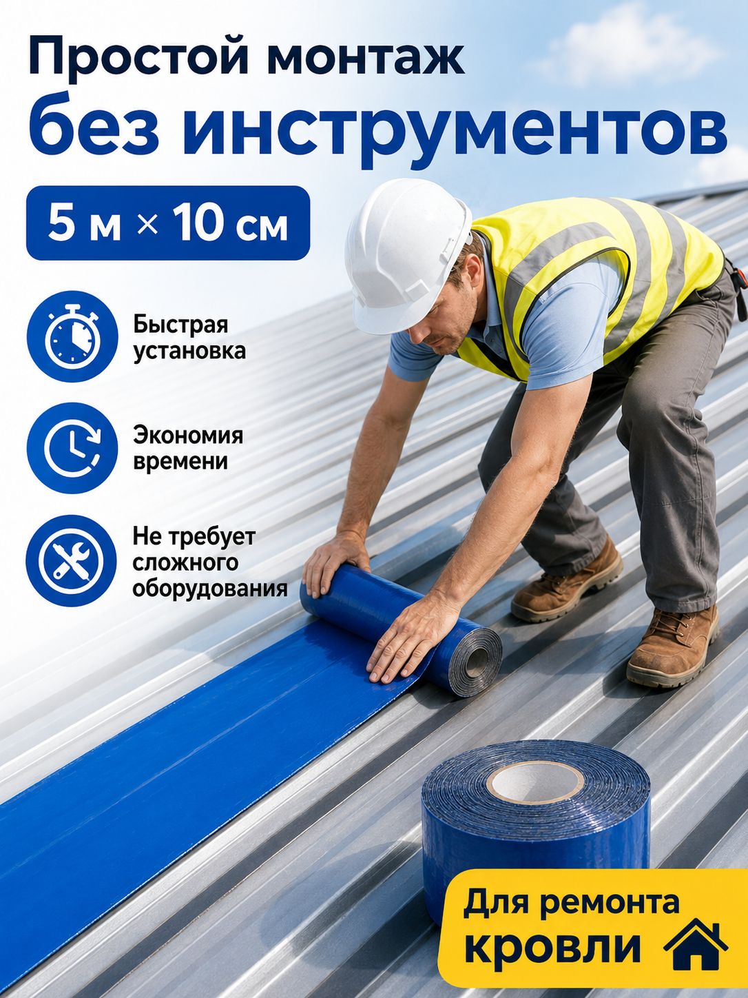 Самоклеящаяся герметизирующая лента для ремонта кровли, синяя гидроизоляционная лента 5 м х 10 см для стыков, трещин и примыканий