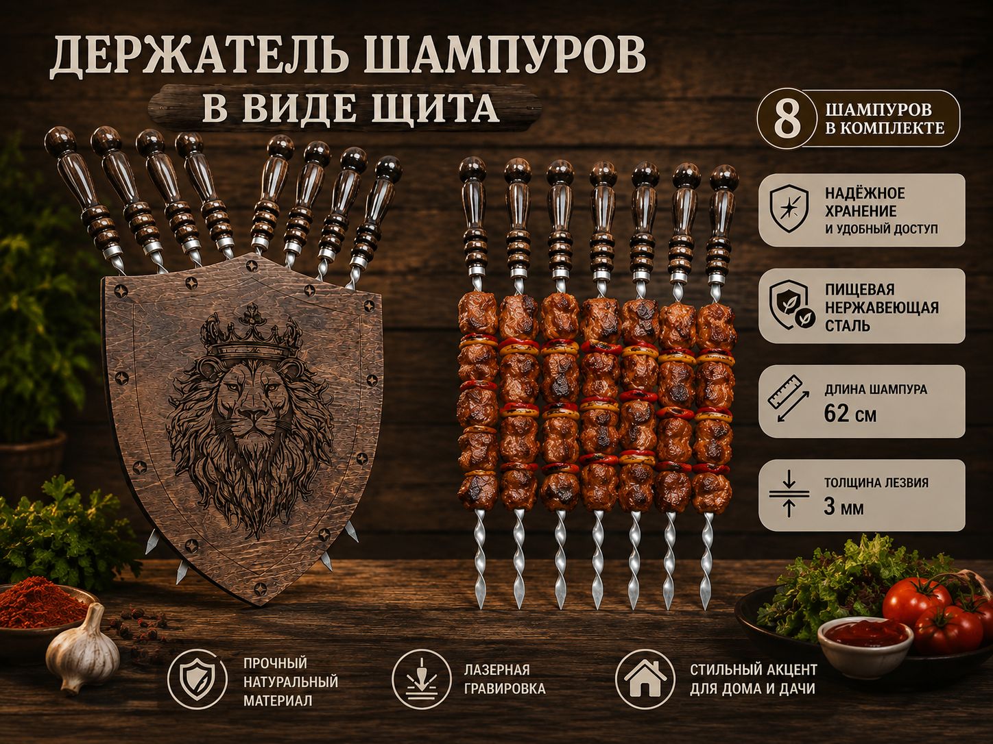 Подставка с шампурами 8 штук настенная, Лев