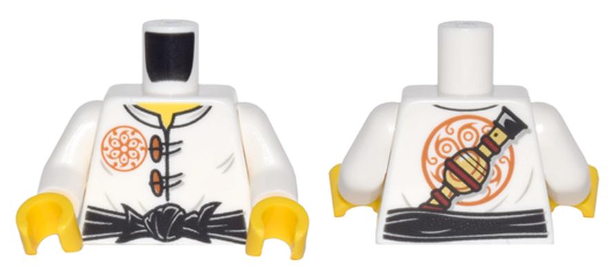 Деталь Lego 973pb2534c01 Torso Ninjago Dark Orange Flower Medallion and Toggle Buttons, Black Sash, Pipe on Back Pattern / White Arms / Yellow Hands