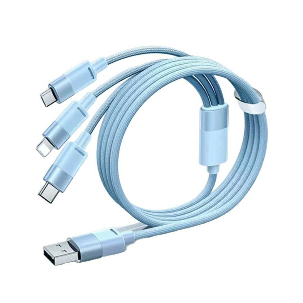Кабель usb c для передачи данных быстрый зарядка черный 2м с тройными разъемами для андроид и голубой 1.2м