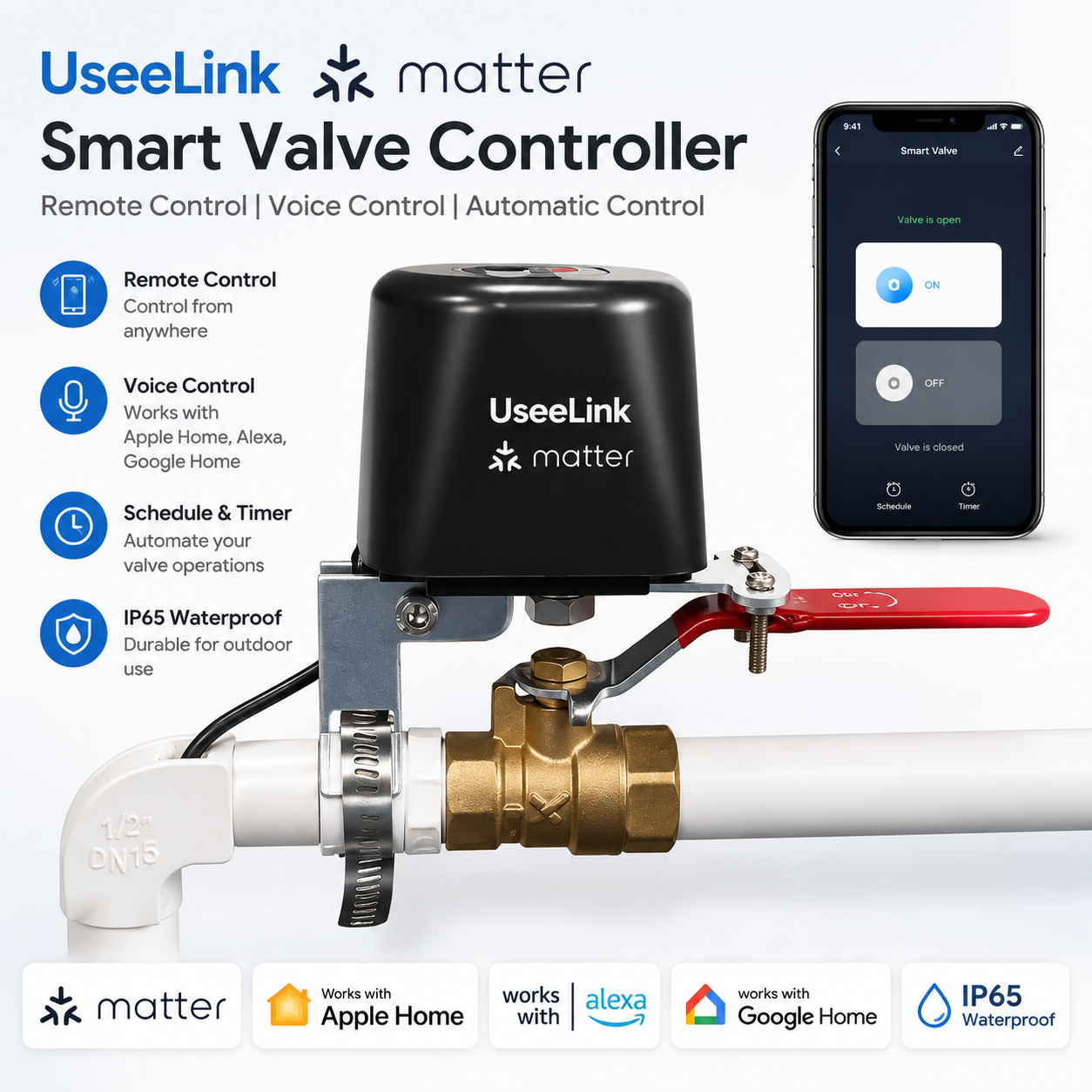 Умный клапан Xenon Matter: защита от протечек, автоотключение. HomeKit, Alexa, Google Assistant