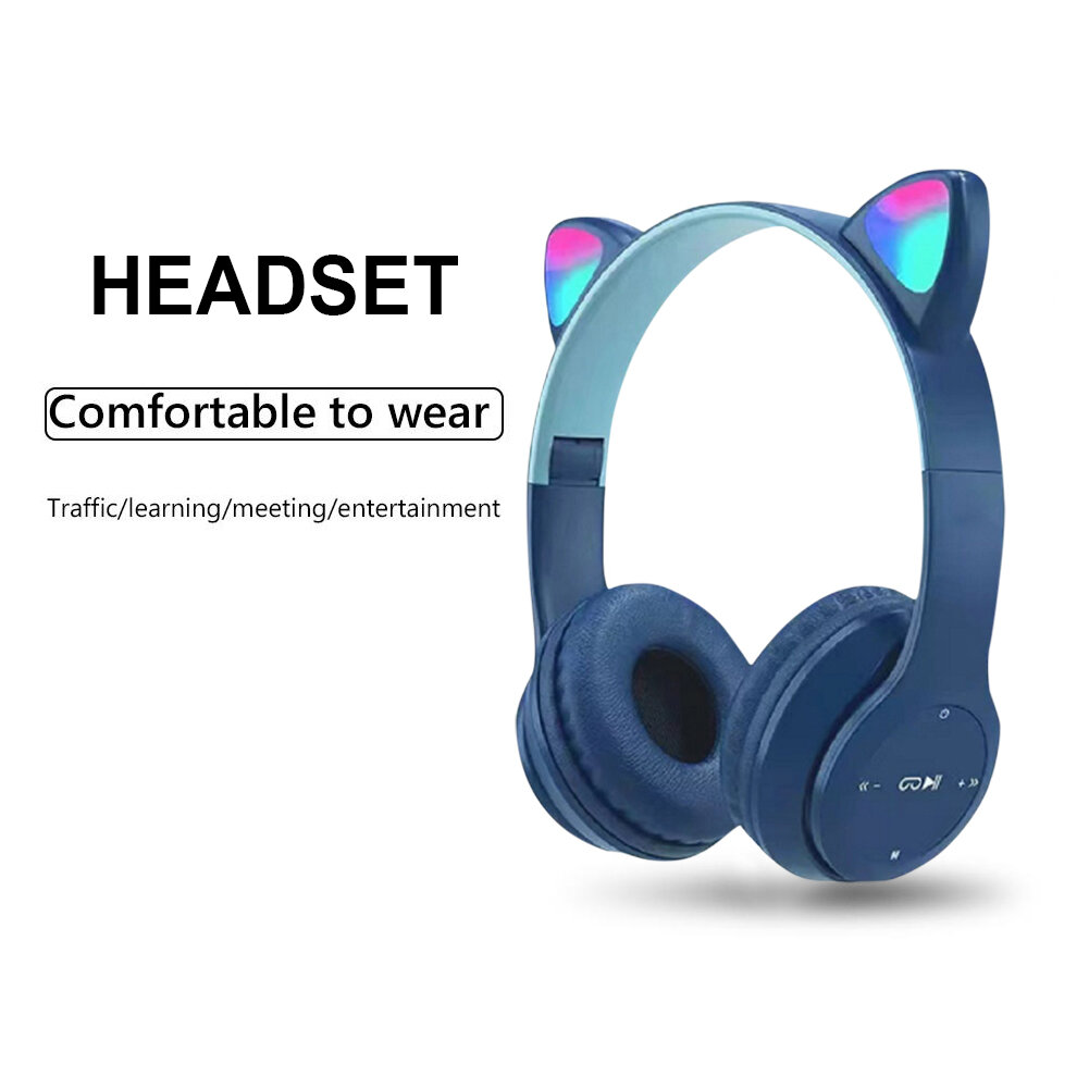 Беспроводные Bluetooth-наушники с кошачьими ушами и подсветкой, синие