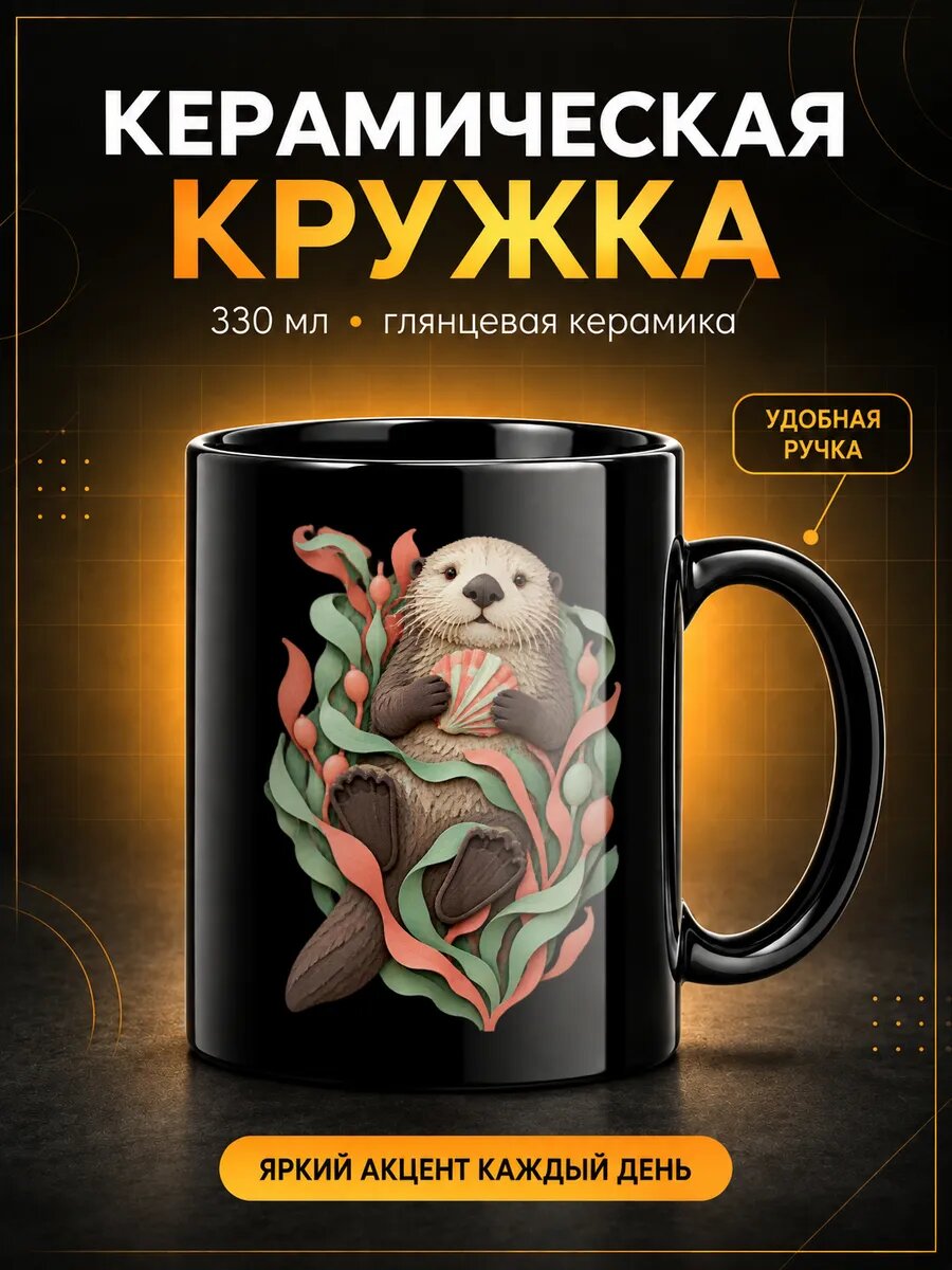 Кружка керамическая TOP CUP, Выдра в зарослях ламинарии, чёрная, 330 мл