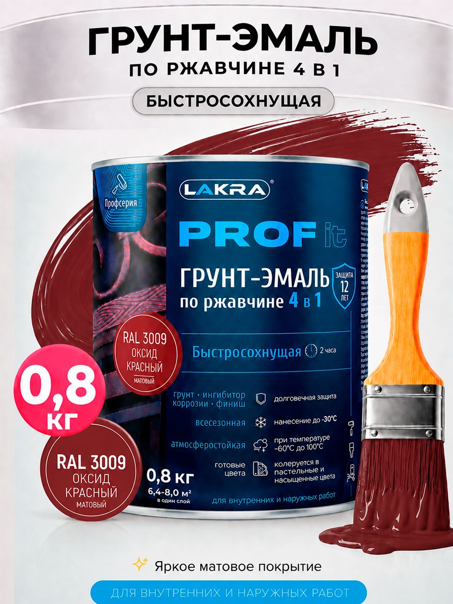 Краска по металлу и ржавчине грунт-эмаль 4в1 быстросохнущая PROF IT Оксид красный, RAL 3009 лакра 0,8кг