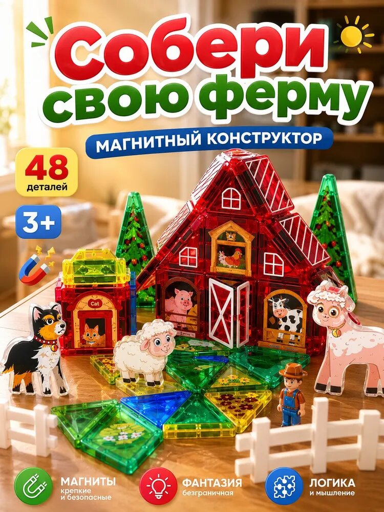 Магнитный конструктор Ферма в железной коробке, 48 деталей, магнитные плитки для детей 3+, развивающая игрушка, дорожный набор