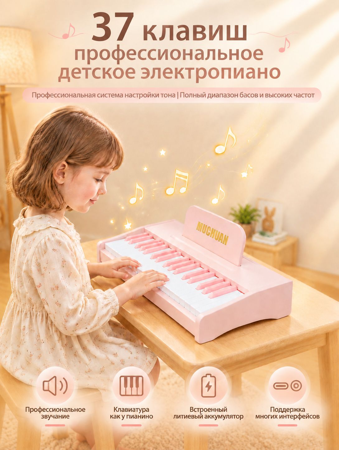 Muchuan Детский синтезатор 37 клавиш, портативное электронное пианино, обучающий музыкальный инструмент, поддержка питания от сети и батареек, с микрофоном, подарок для детей от 3 лет