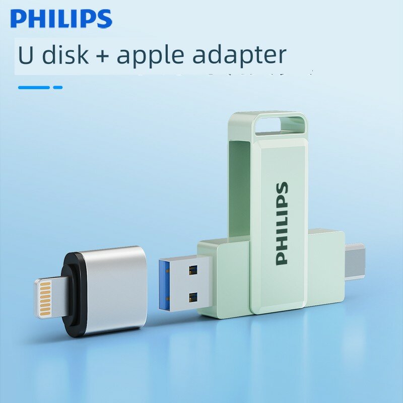 Philips Type-C Dual-Head USB-накопитель 256 ГБ, цвет мятный, с переходником для Apple, совместимость с iPhone 14 и ниже