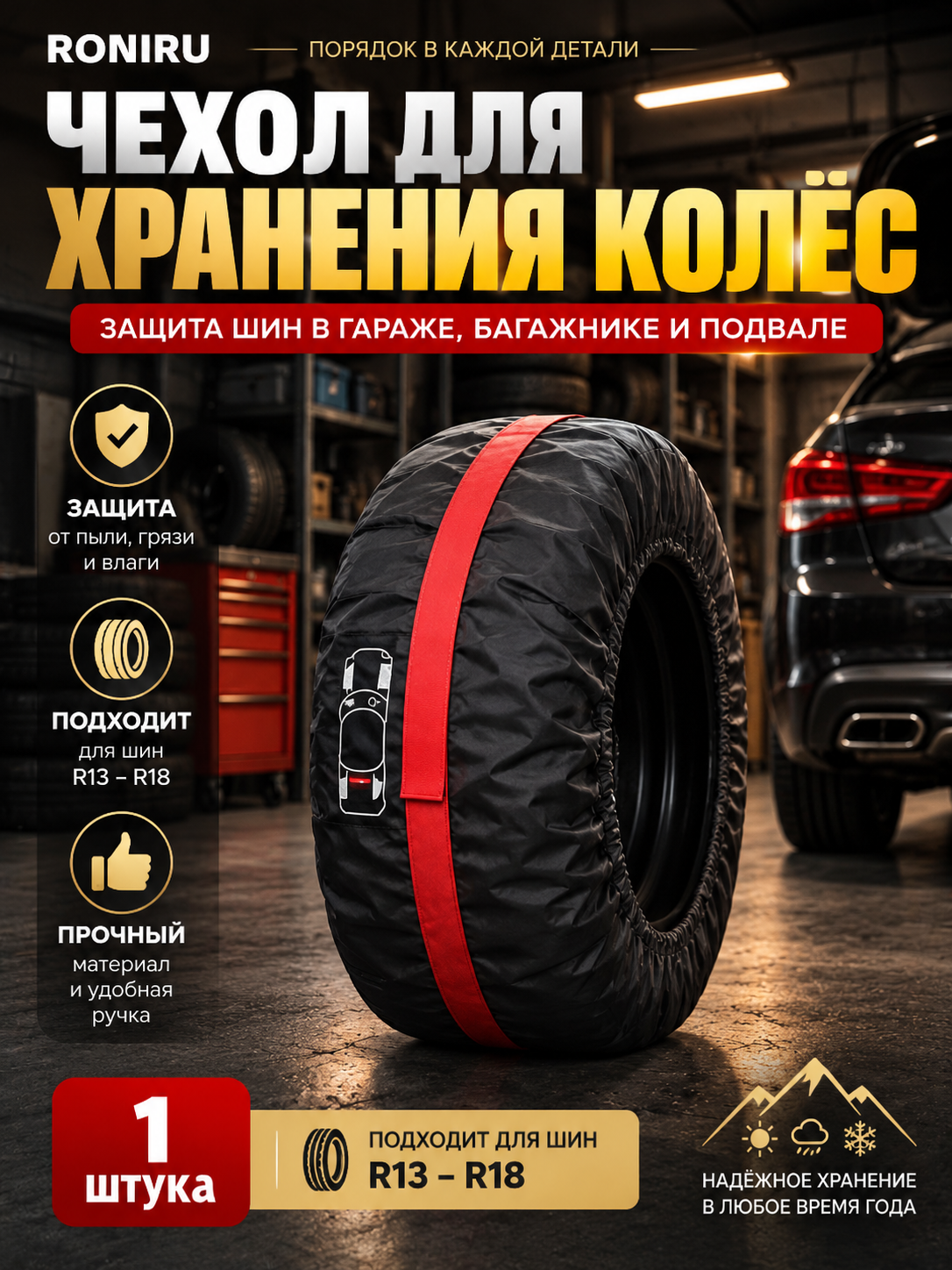 Чехлы для хранения колёс 13–18" — комплект защитных чехлов для шин от пыли, грязи и влаги в гараж и багажник, подвал