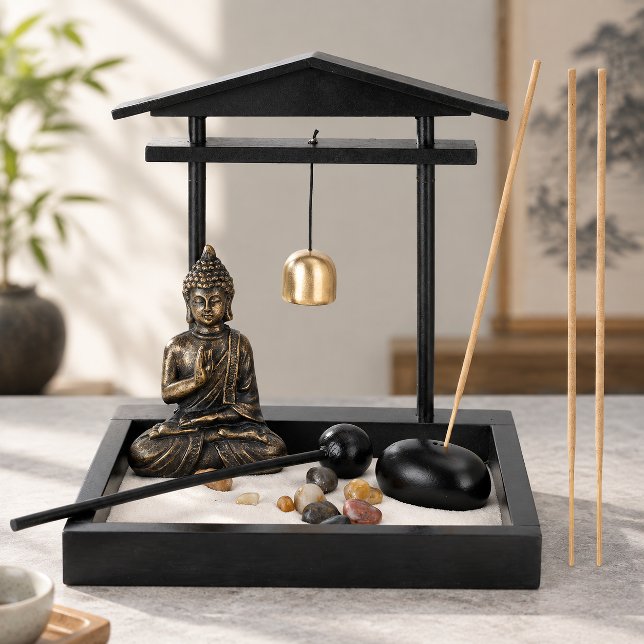 Zen Buddhism Inspired Resin Sand Tray with Serene Meditating Monk Statue Black Modern Home Decor Ornament for Living Room Craft1906 170X160X100 mm Relaxation Centerpiece Gift Idea