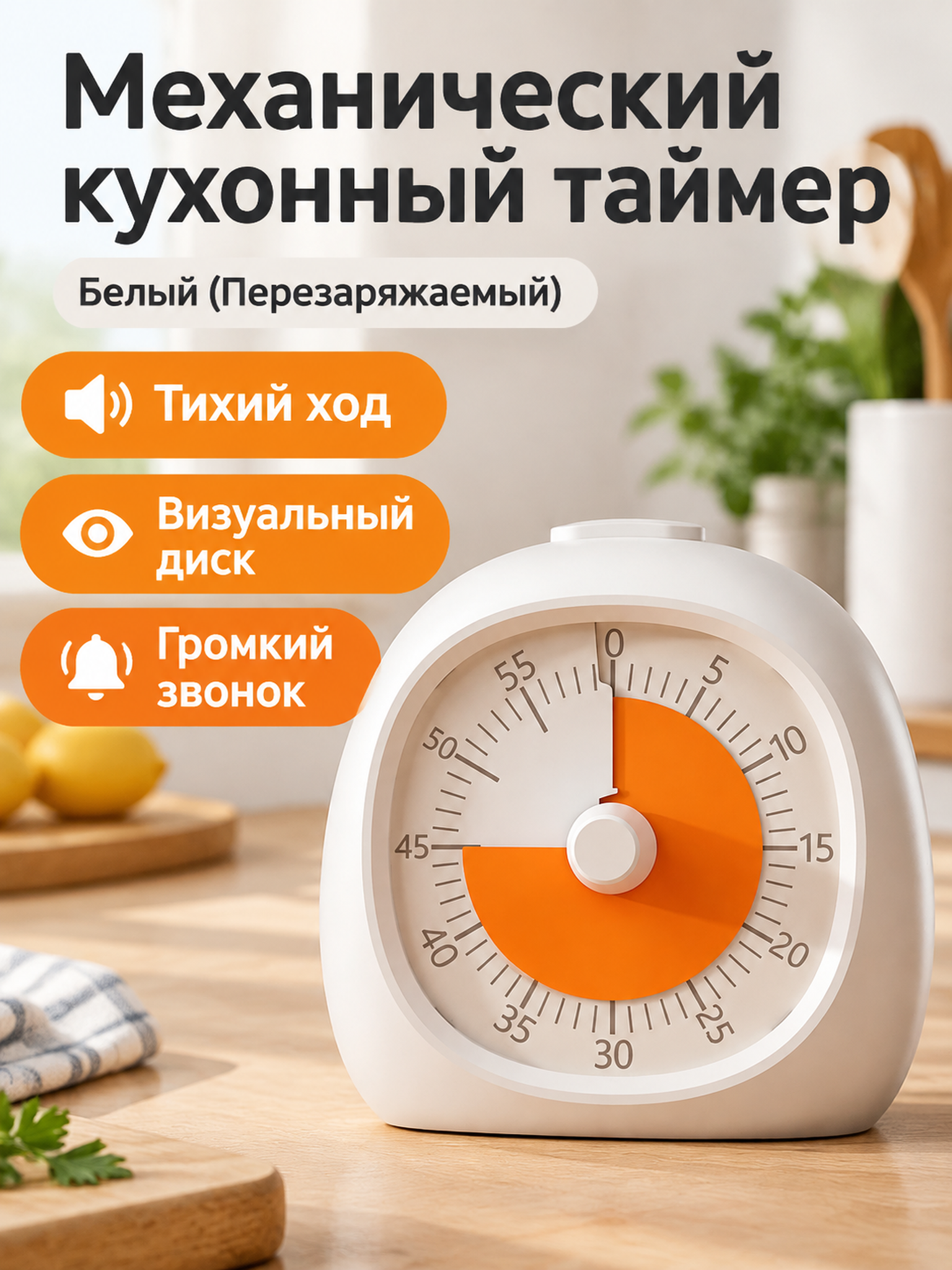 Таймер механический настольный круглый с визуальным отсчетом времени, белый, аккумуляторная версия