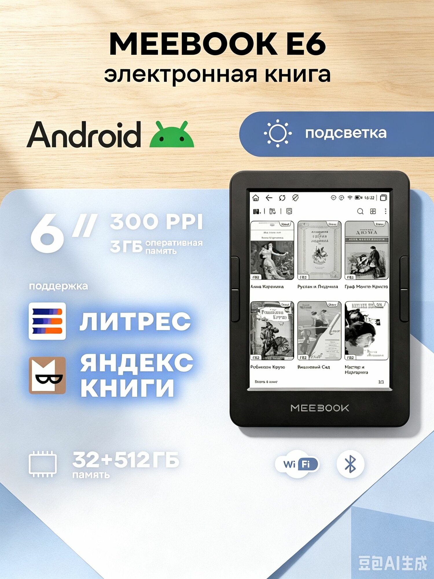 6" Электронная книга MEEBOOK E6 - электронная книга с подсветкой 6" E-Ink 1072x1448, ОС Android, разрешение 300 PPI, черный матовый--SD926