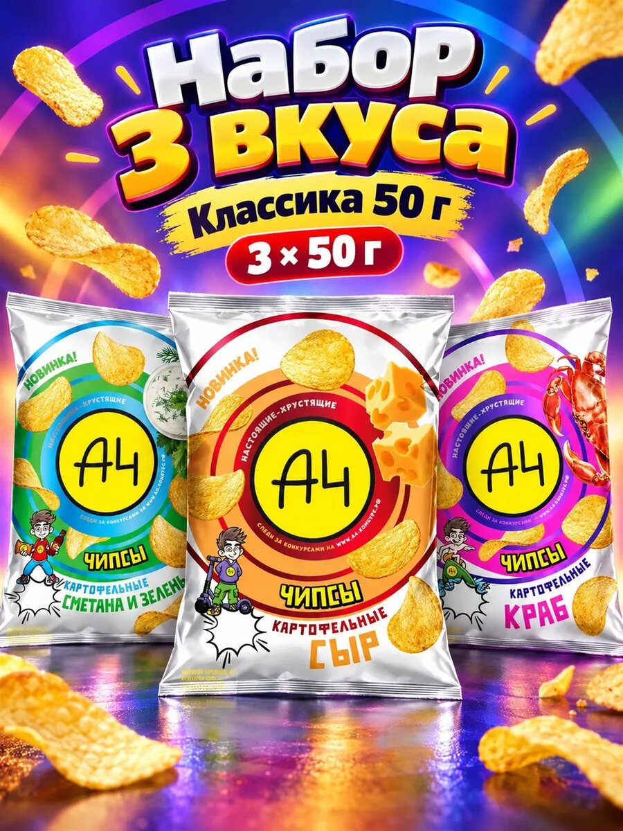 Набор чипсов А4 Классика 50 г, 3 вкуса по 50 г: сыр 50 г, сметана-зелень 50 г, краб 50 г, снэки ассорти вкусов, к фильму и на перекус