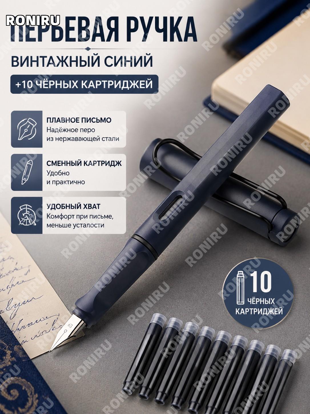 Перьевая ручка для школьников, ретро синяя пластиковая, комплект с 10 черными сменными капсулами для письма и дома