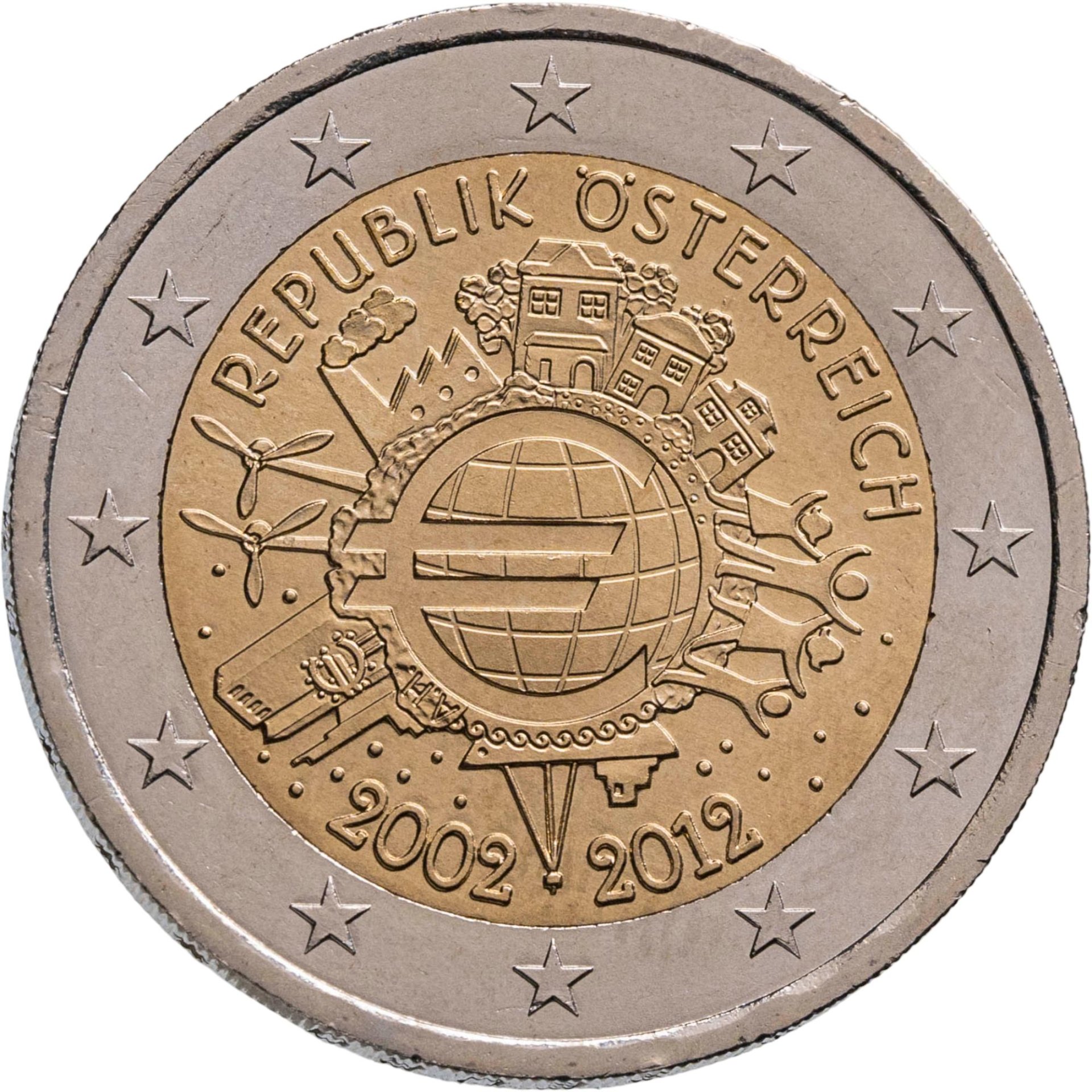 Австрия 2 евро 2012 "10 лет евро", Биметалл, в сохранности UNC