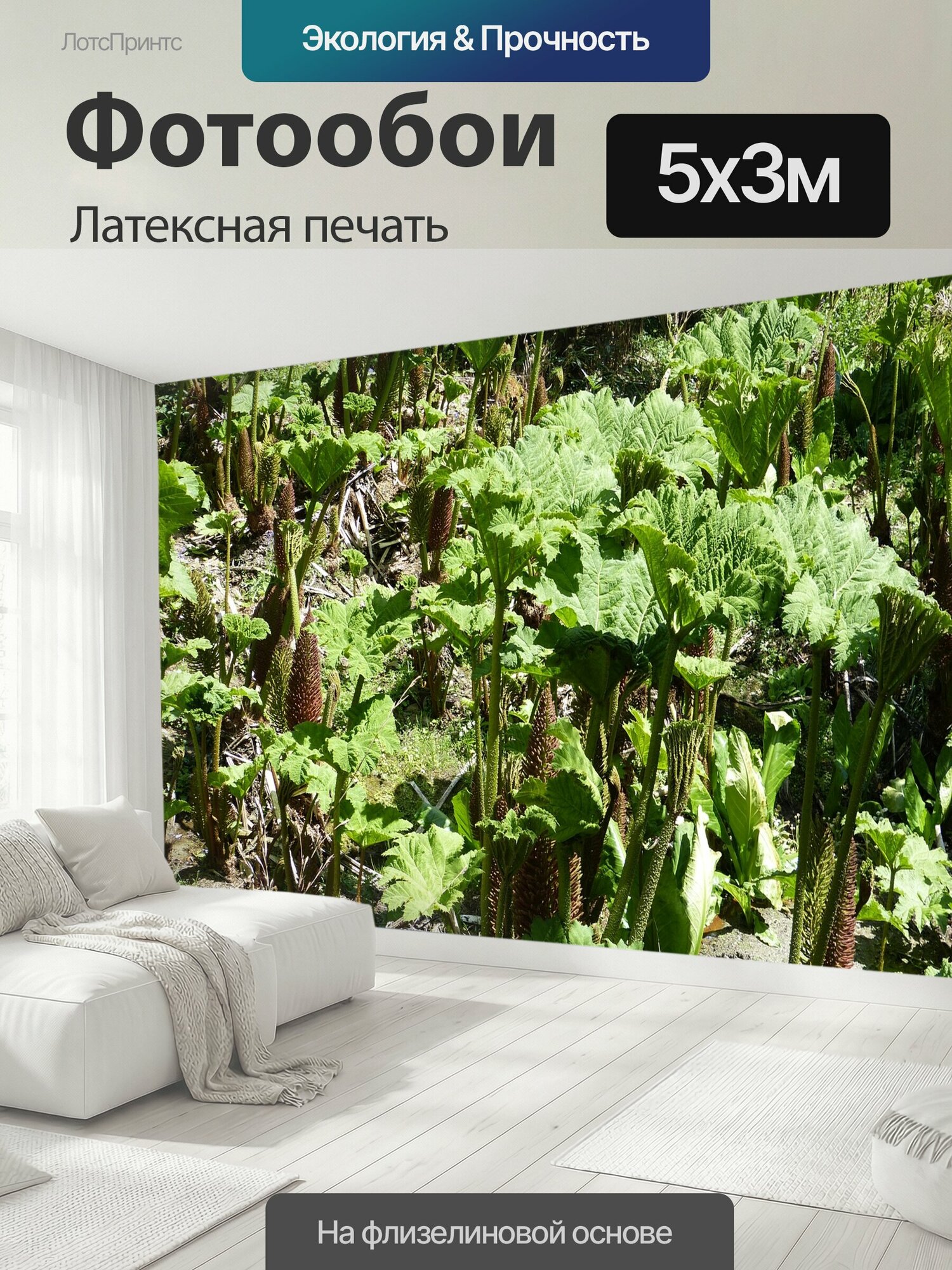 Фотообои моющиеся ударопрочные "Бивень мамонта лист, гуннера влагалищная, лист" 500x300 см. латексная печать