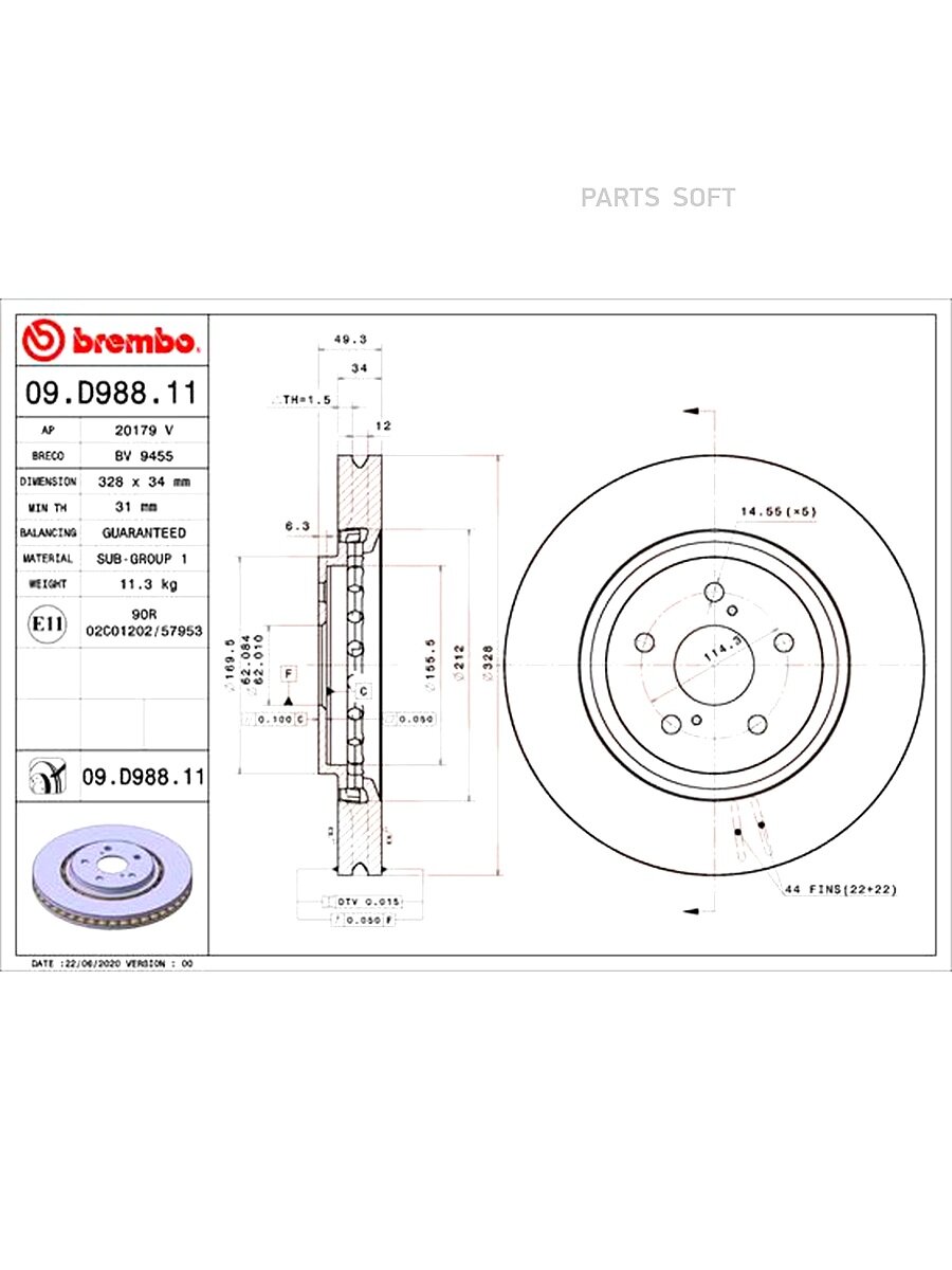 BREMBO 09D98811 Диск тормозной LEXUS RX 15-17/TOYOTA RAV 4 V 18- передний вент. D 328мм