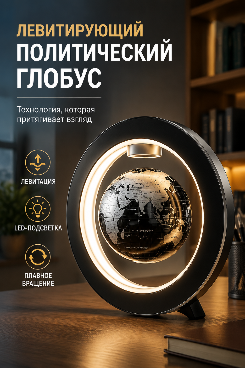 Левитирующий политический глобус с подсветкой и вращением, диаметр 10,16 см