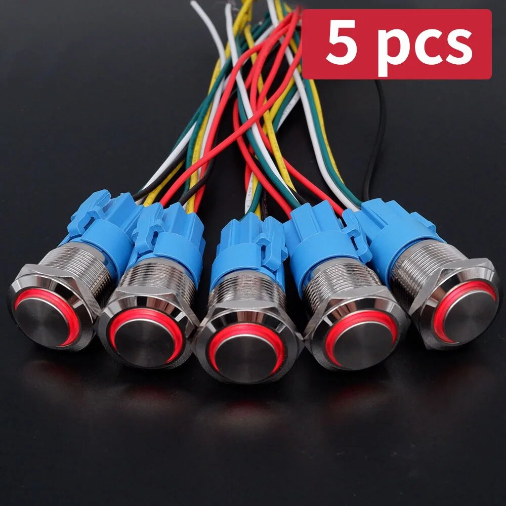 5 шт. металлический 16mm Silver shell, 5 Circle Red, Momentary Self-reset, 12V-24V with wire