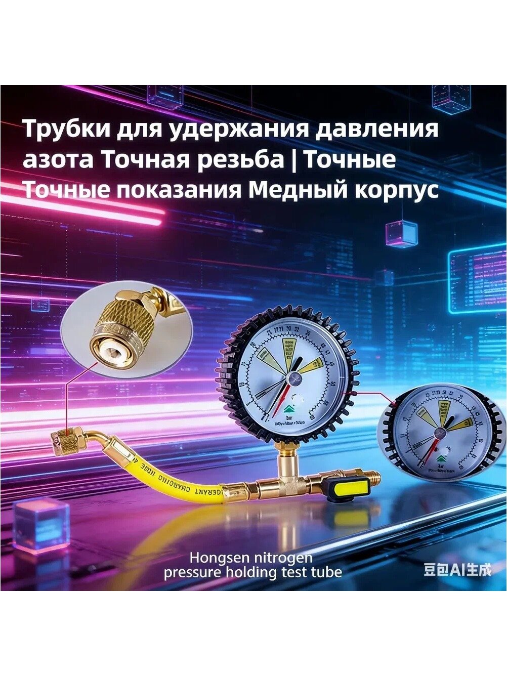 Манометрический коллектор под азот с вентилем и шлангом 1/4"SAE