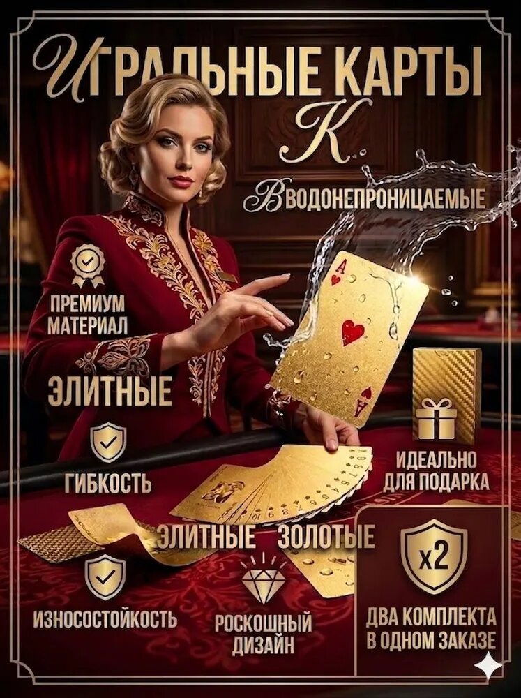 Пластиковые игральные карты для покера, премиум золотые, водонепроницаемые, колода 54 штуки (87х57 мм)