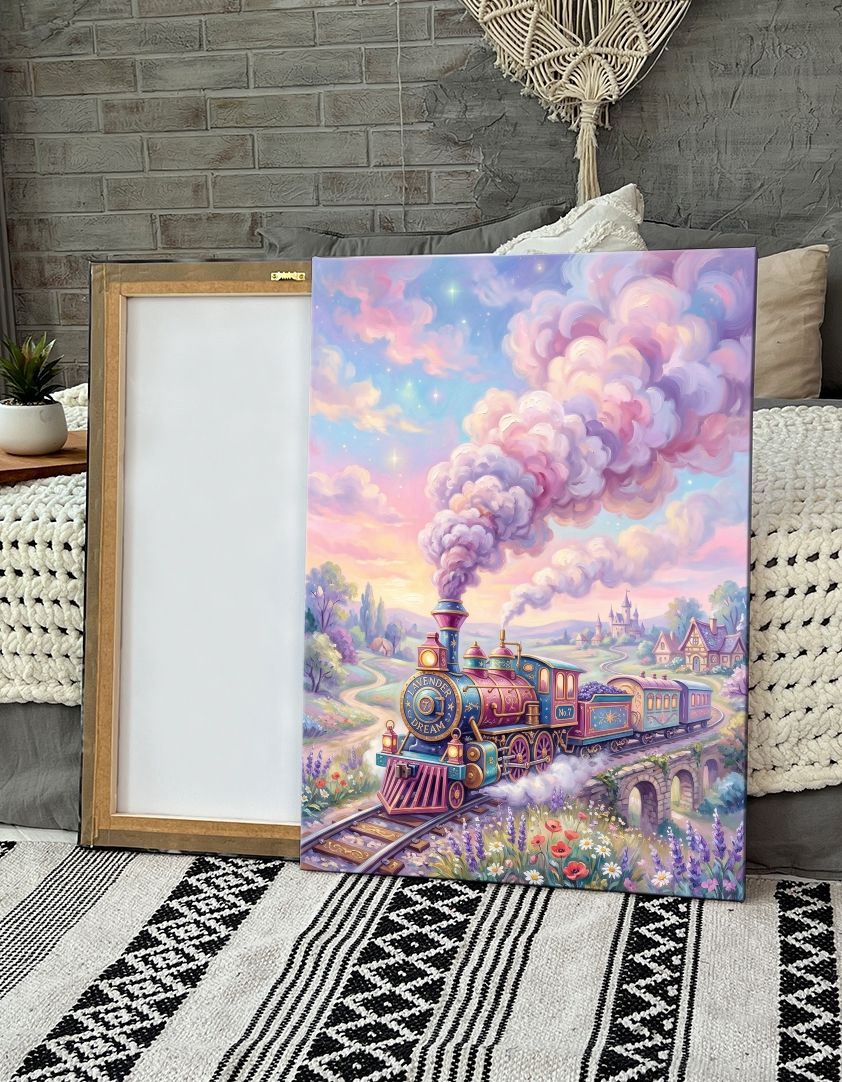 Картина на холсте (паровоз, поезд, мост, дым, закат, небо, облака) 40x60 см. Интерьерная на стену. Украшение в комнату. В подарок.