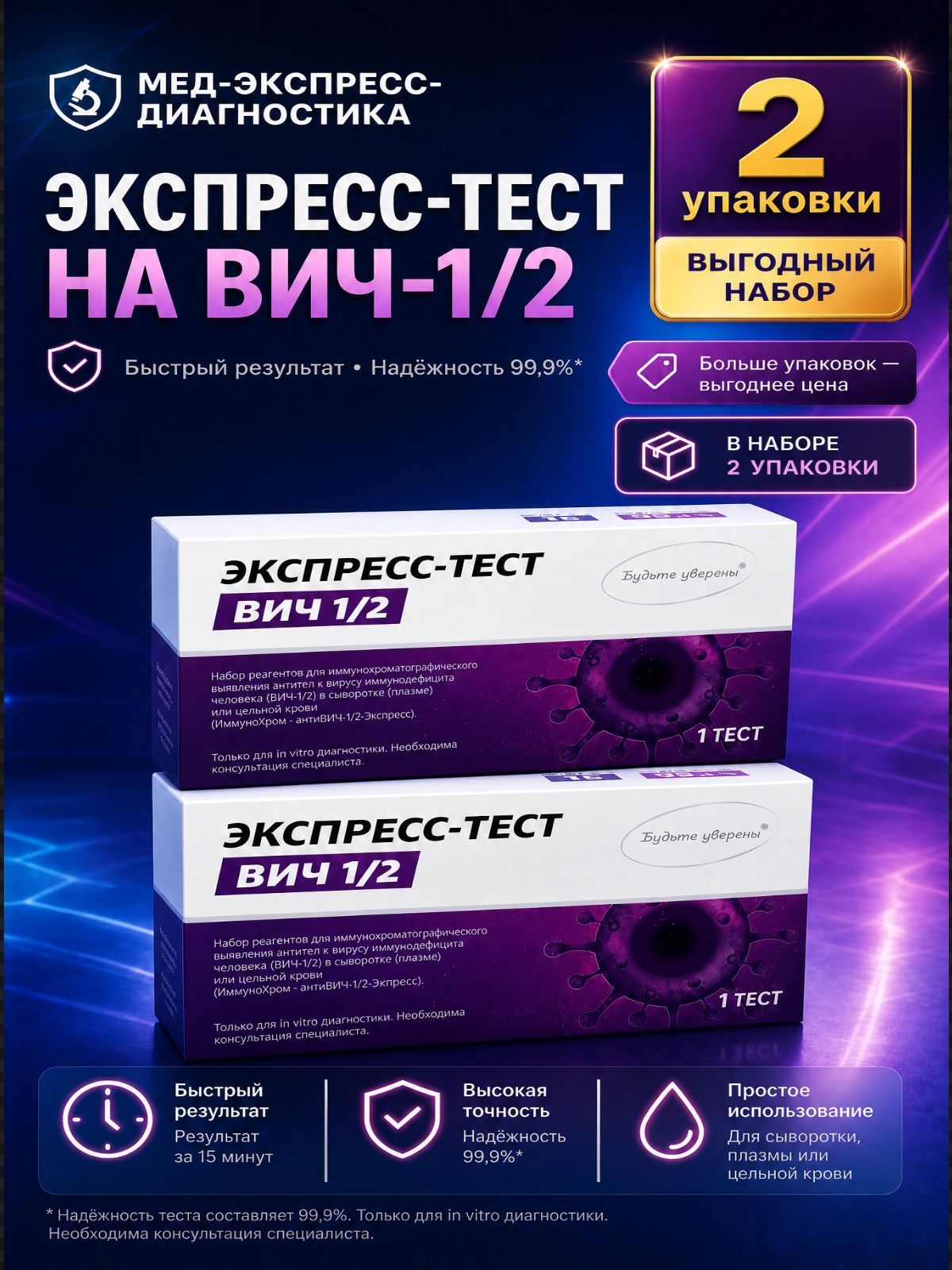 Тест на ВИЧ (2 шт) типа 1 и/или типа 2 (ВИЧ-1/2) в черной анонимной упаковке по капиллярной крови из пальца