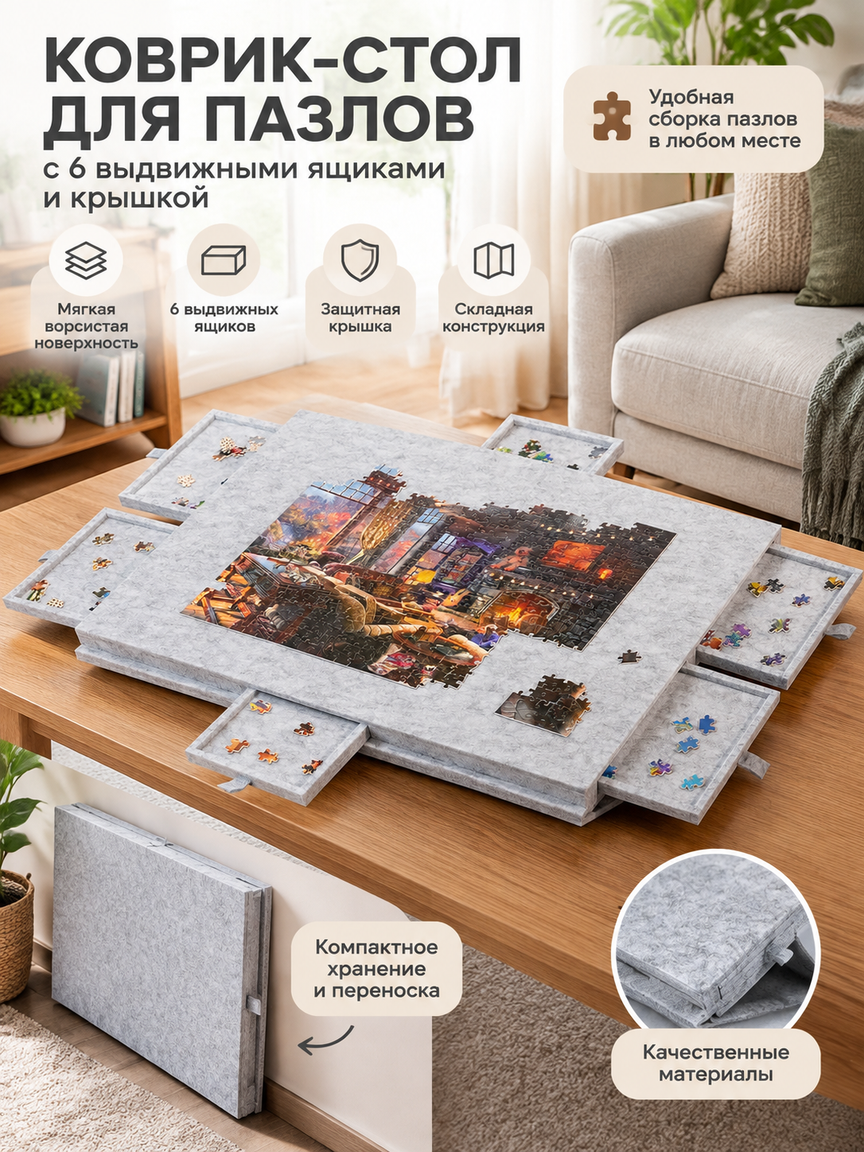 Складной коврик-стол для пазлов с 6 выдвижными ящиками и крышкой, планшет для сборки, серый