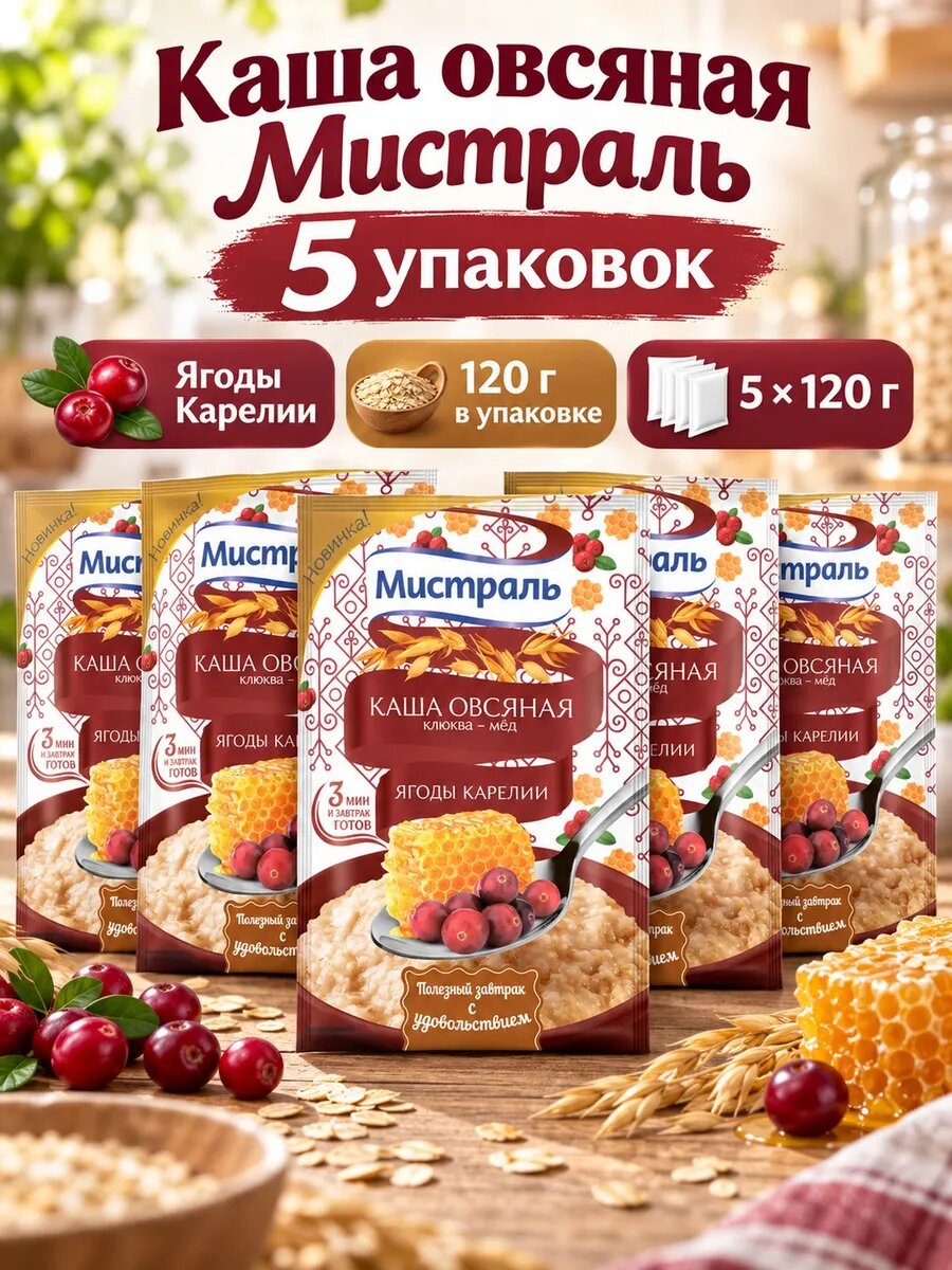 Каша овсяная Мистраль клюква-мёд Ягоды Карелии 40 г, 5 шт