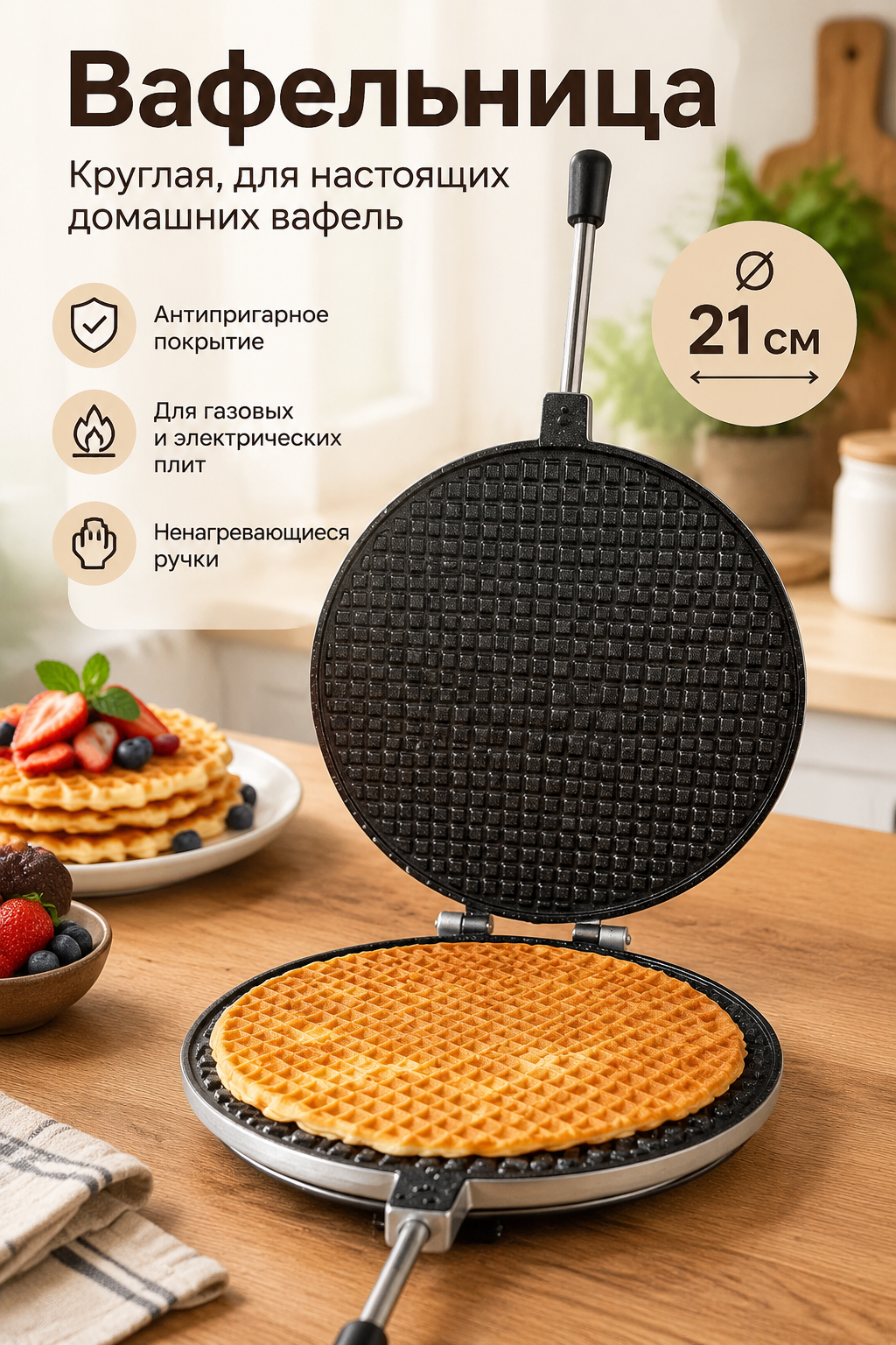 Круглая вафельница Kukmara фмт04а 21 см из алюминия, для газовых и электрических плит
