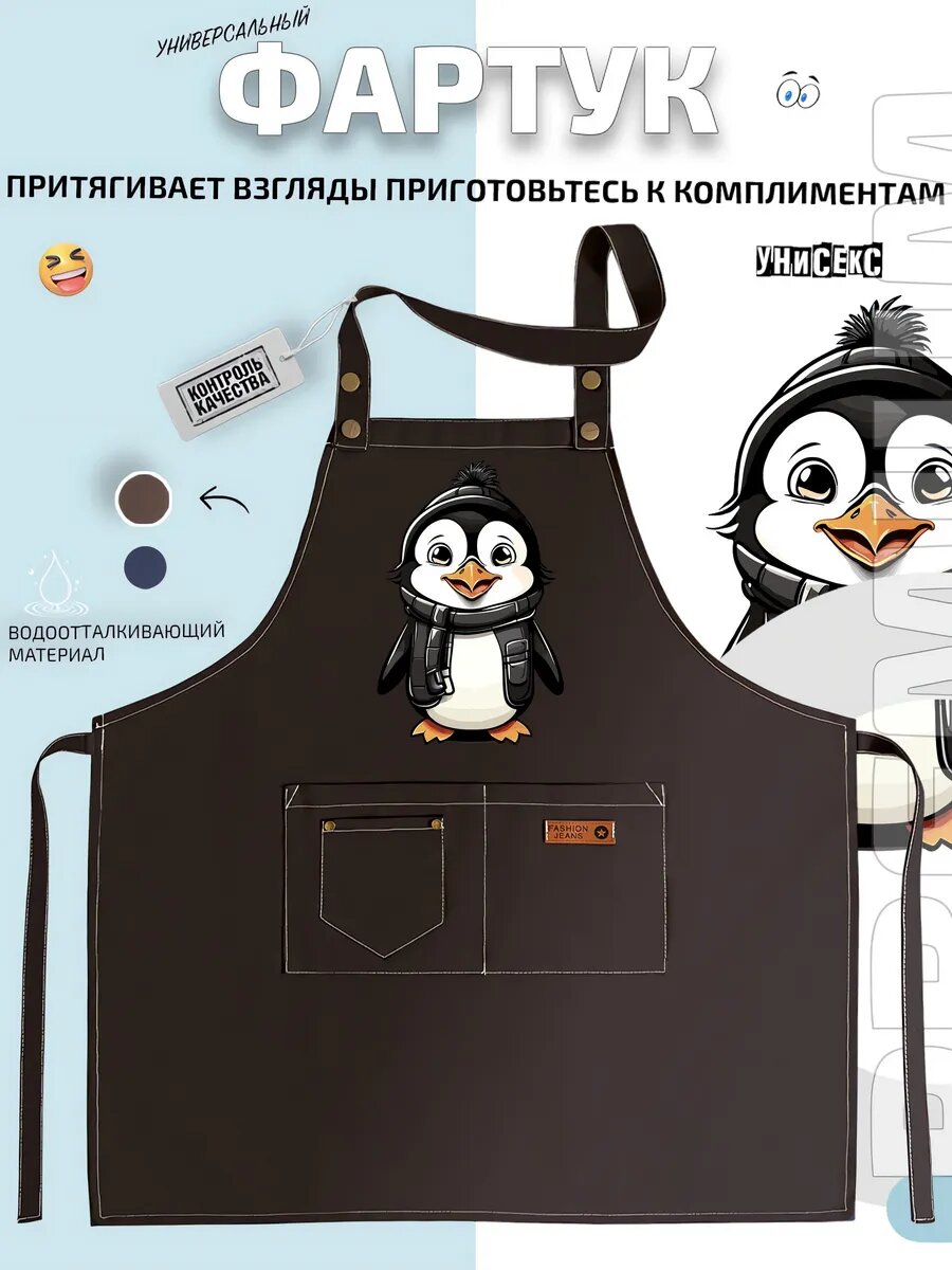 Фартук Пингвин Penguin зимняя шапка и шарф кухонный с принтом универсальный