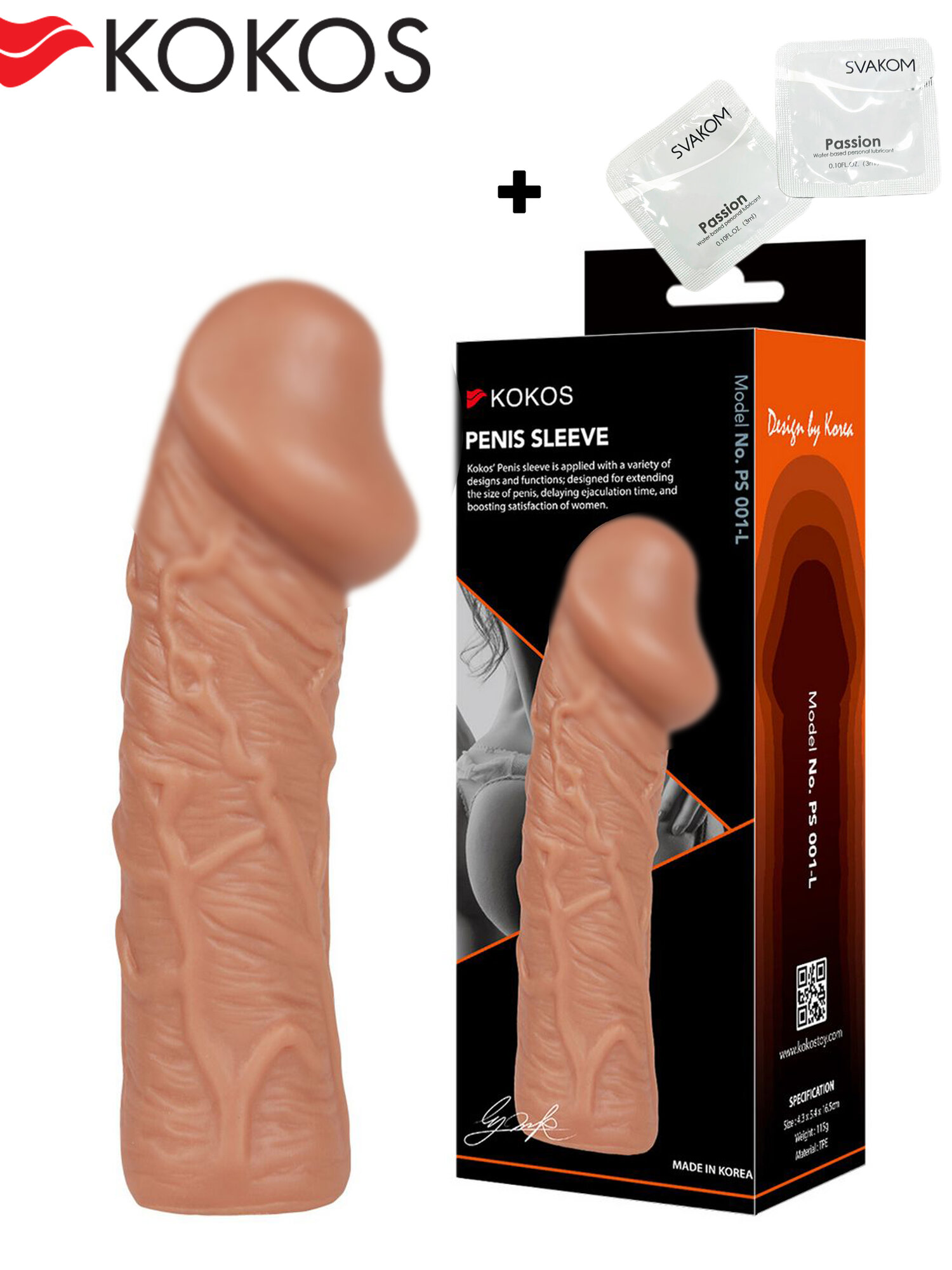 Набор Насадка реалистик на фаллос Penis sleeve № 1, размер L (16.4, 5.5 см) + Гель для интимной гигиены Svakom Passion 6 мл