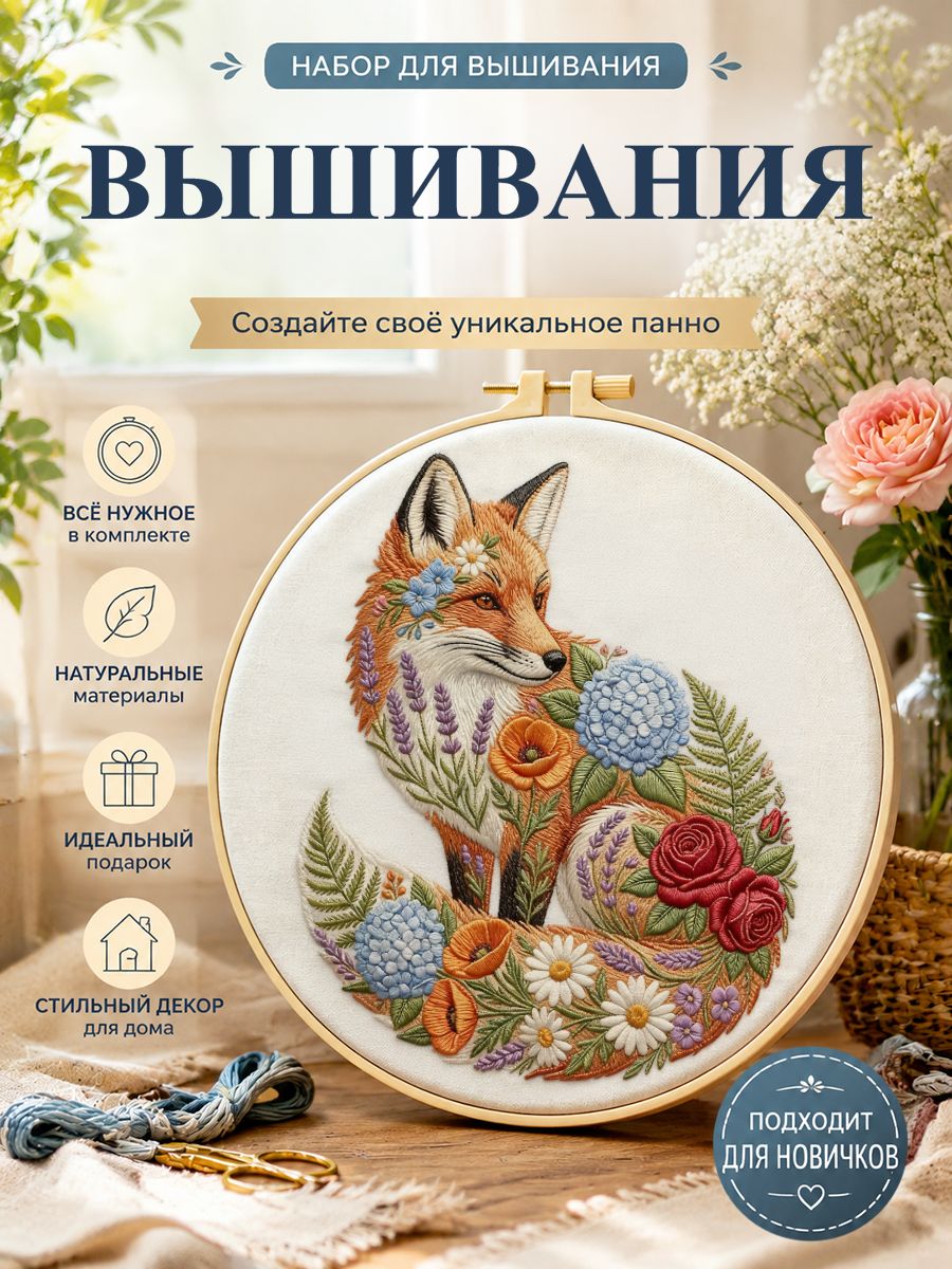 Набор для вышивания гладью, Лиса с цветами, 20х20 см, с пяльцами, набор для творчества, для начинающих