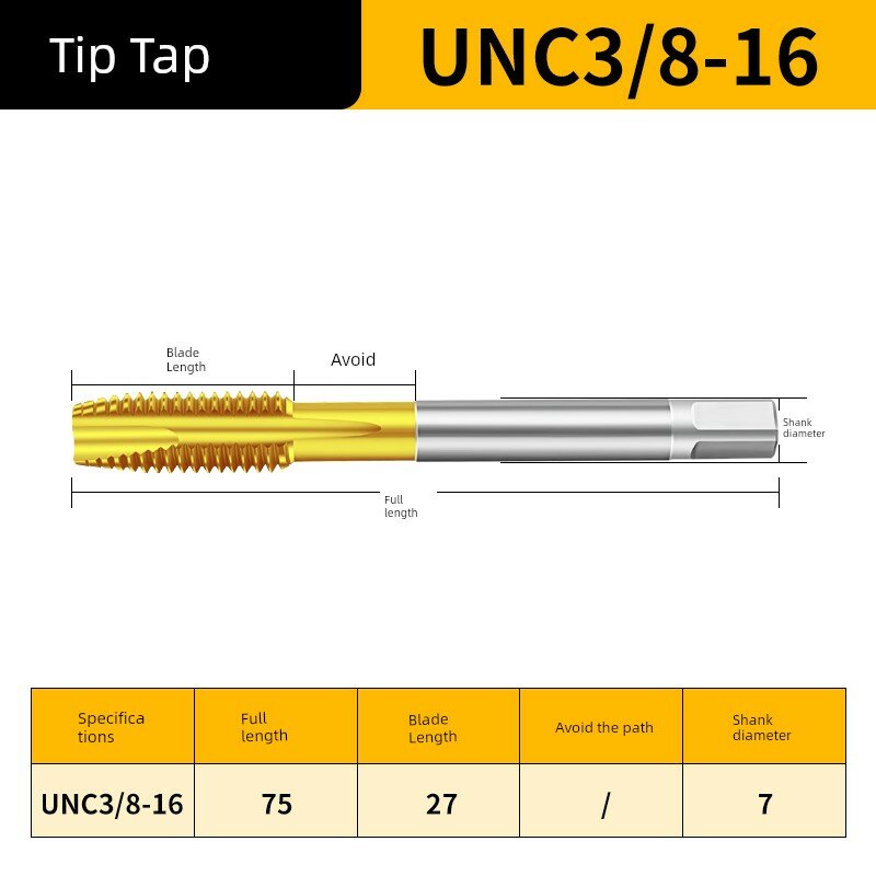 UNC 3/8-16 Тонкозубая метчик для нержавеющей стали, диаметр 3/8 дюйма, 16 ниток на дюйм