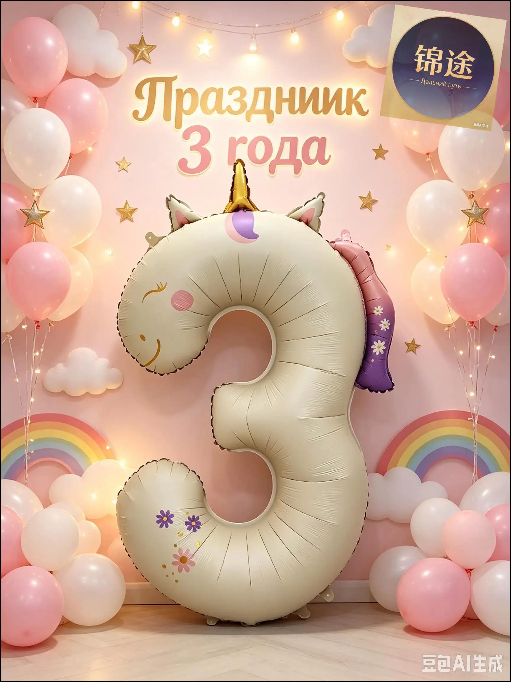 Большой матовый фольгированный шар цифра 3 единорог, декор на день рождения ребенку 3 года