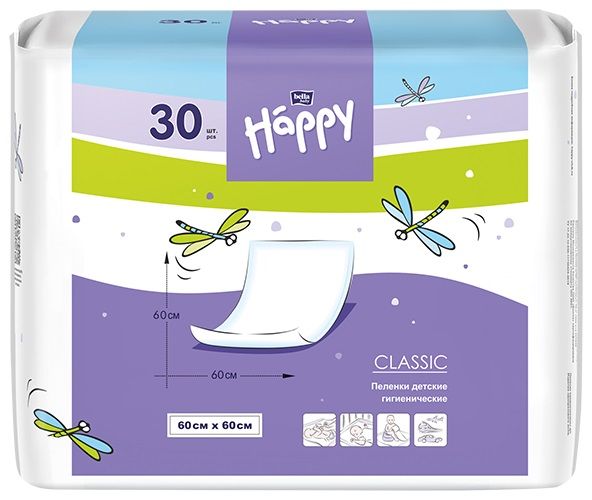 Пеленки для детей bella baby Happy classic 60 х 60 см впитывающие одноразовые, 30 шт.