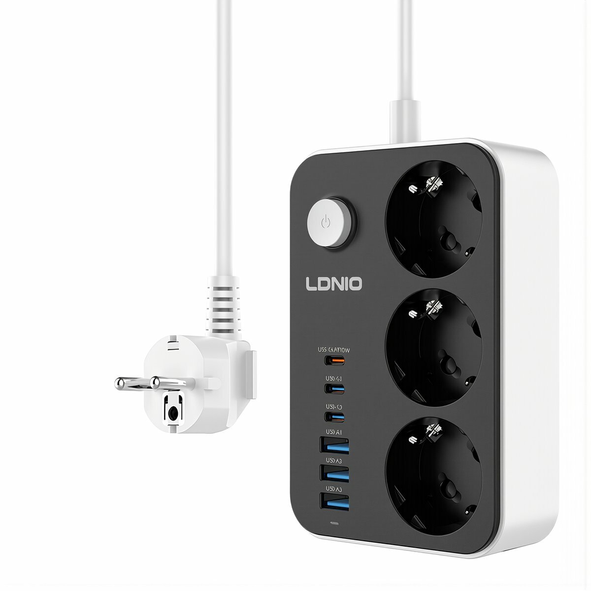 Сетевой фильтр с огнестойким корпусом SE3631C 2500W 3 евророзетки 6 USB 2 метра кабель PD 20W зарядка общий выключатель защита от перегрузки