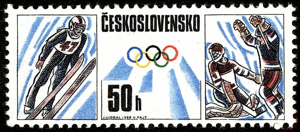 (1988-003) Марка Чехословакия "Прыжки с трамплина, хоккей" Олимпийские игры в Калгари и Сеуле III