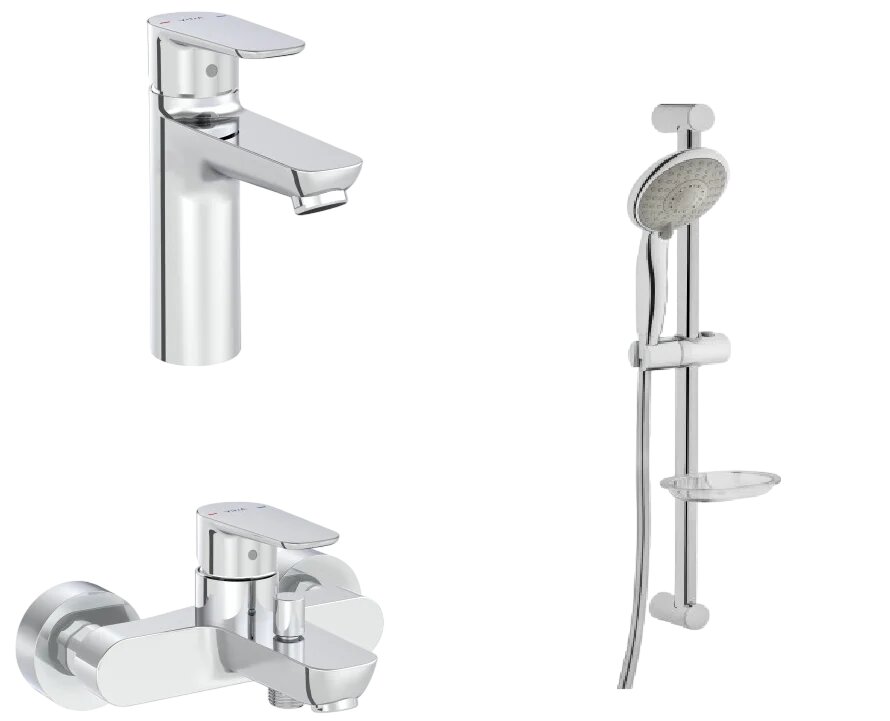 Комплект для ванной VitrA Флоу Софт (Flow Soft) A42301EXP 4 в 1, со смесителем, с изливом, латунный, хром, глянцевый, душевая система