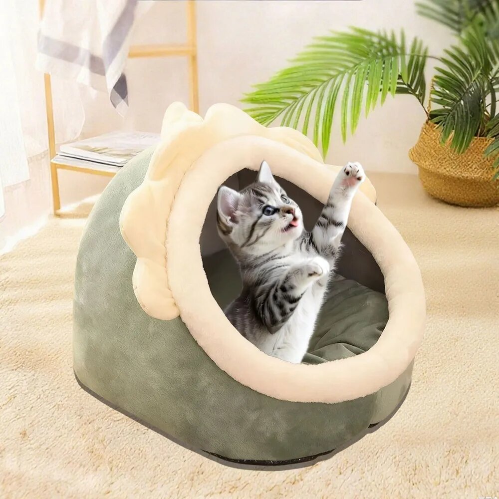 Лежанка-домик для кошек и собак, полузакрытая утепленная будка с мягкой подушкой, зеленая, для дома