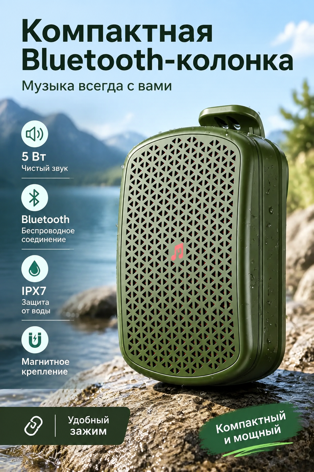 Компактная Bluetooth-колонка 5 Вт с зажимом, магнитным креплением и защитой IPX7