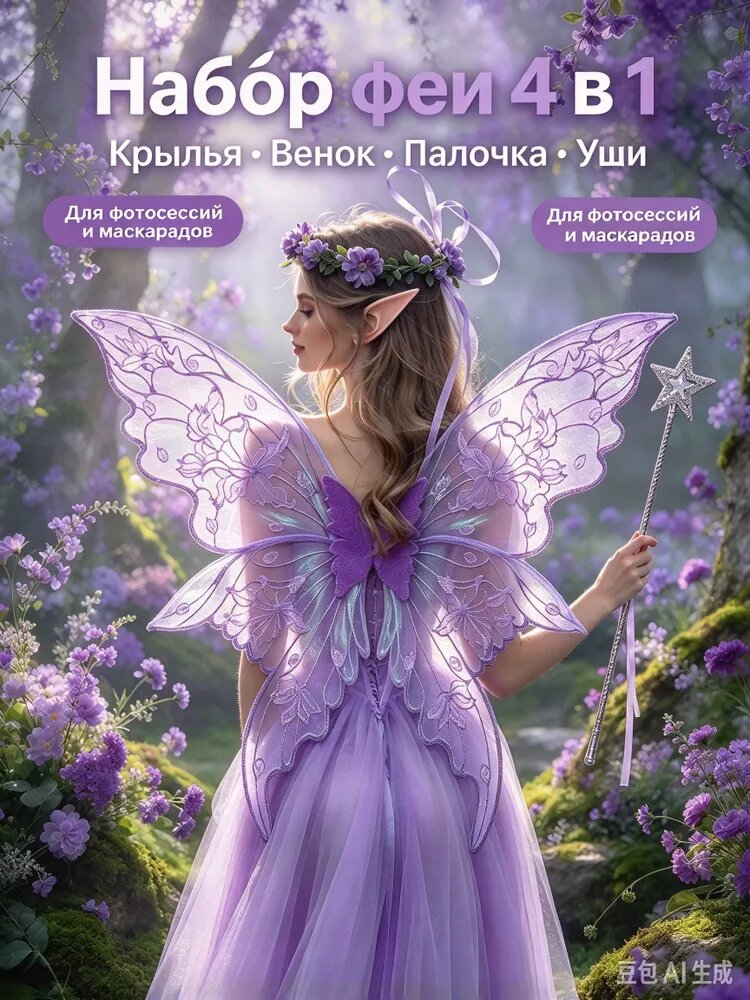 Набор костюма феи, крылья феи 83x67 см, волшебная палочка 32 см, венок, уши феи, аксессуары на Хэллоуин и Рождество