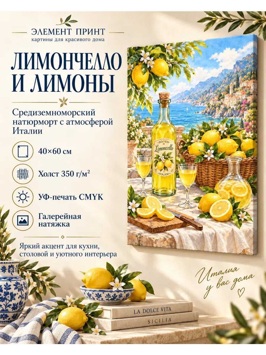 Картина Лимончелло и лимоны 40х60 см на холсте