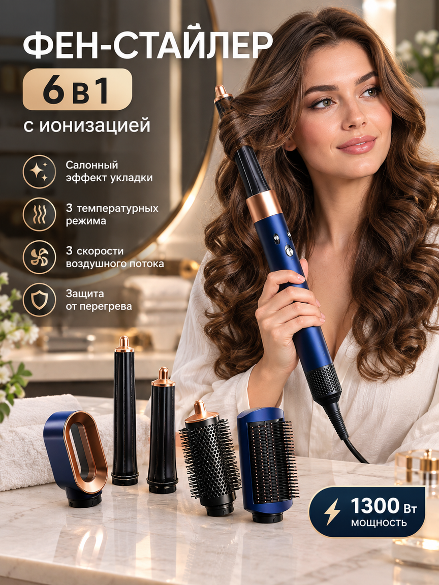 Фен-стайлер 6 в 1 с ионизацией, 6 насадок, 3 температурных режима, 1300 Вт, тёмно-синий
