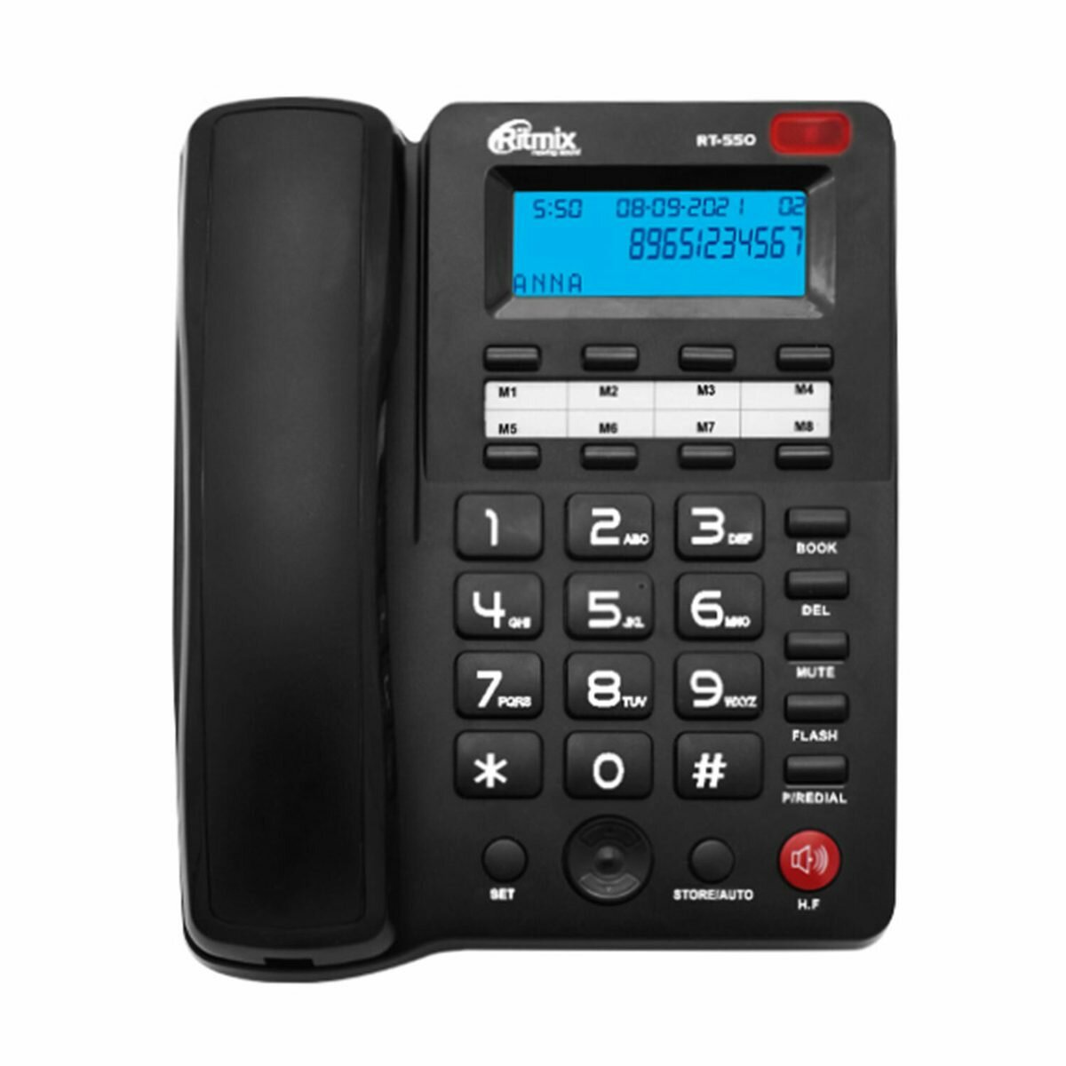 Телефон проводной Ritmix RT-550 black, АОН, спикерфон, память 100 номеров, тональный/импульсный режим (80001483)