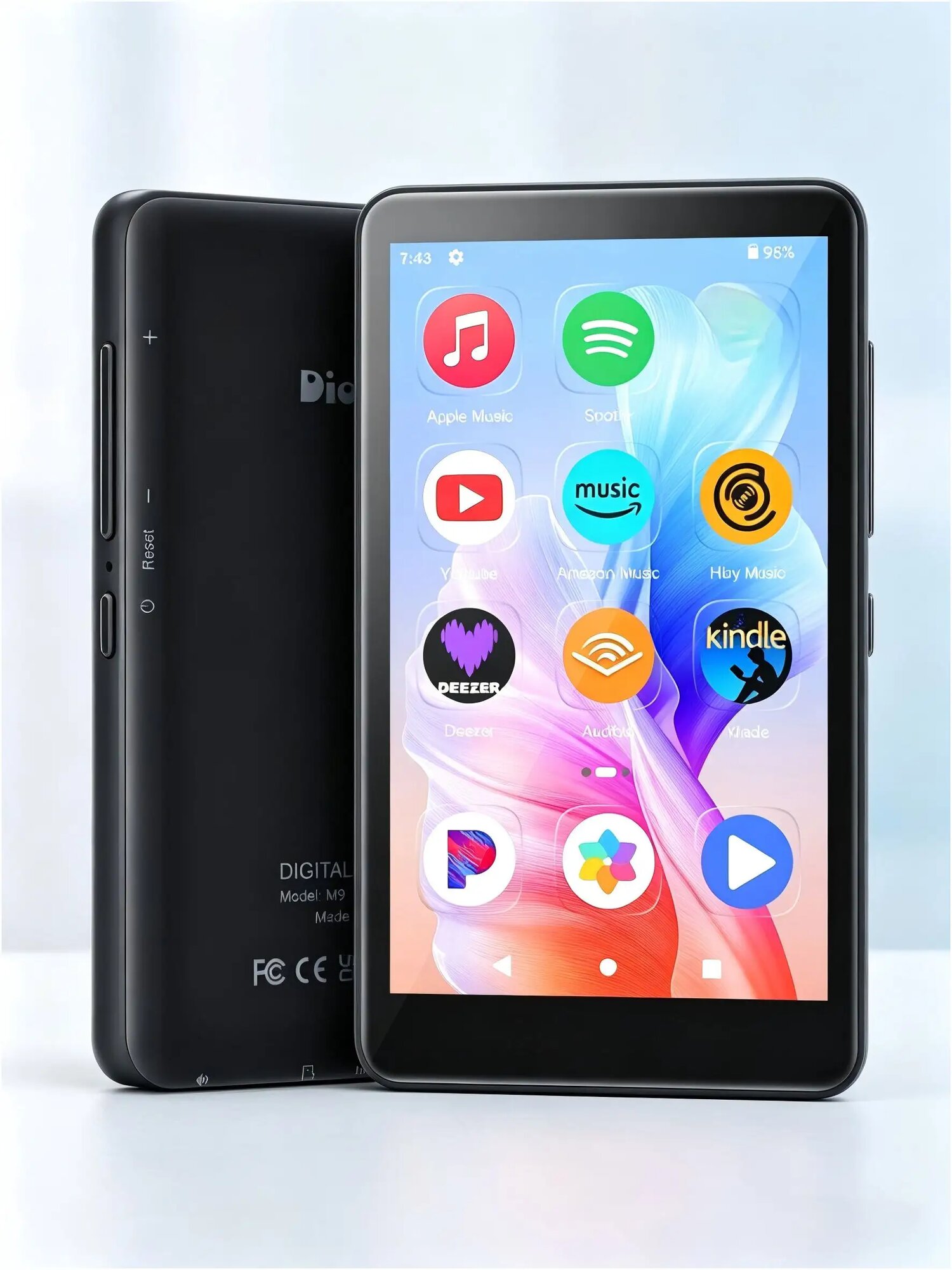 MP3-плеер объёмом 96 ГБ с поддержкой Bluetooth и Wi-Fi, работающий под управлением Android 13 и оснащённый сенсорным экраном диагональю 4,02 дюйма с разрешением 1080p