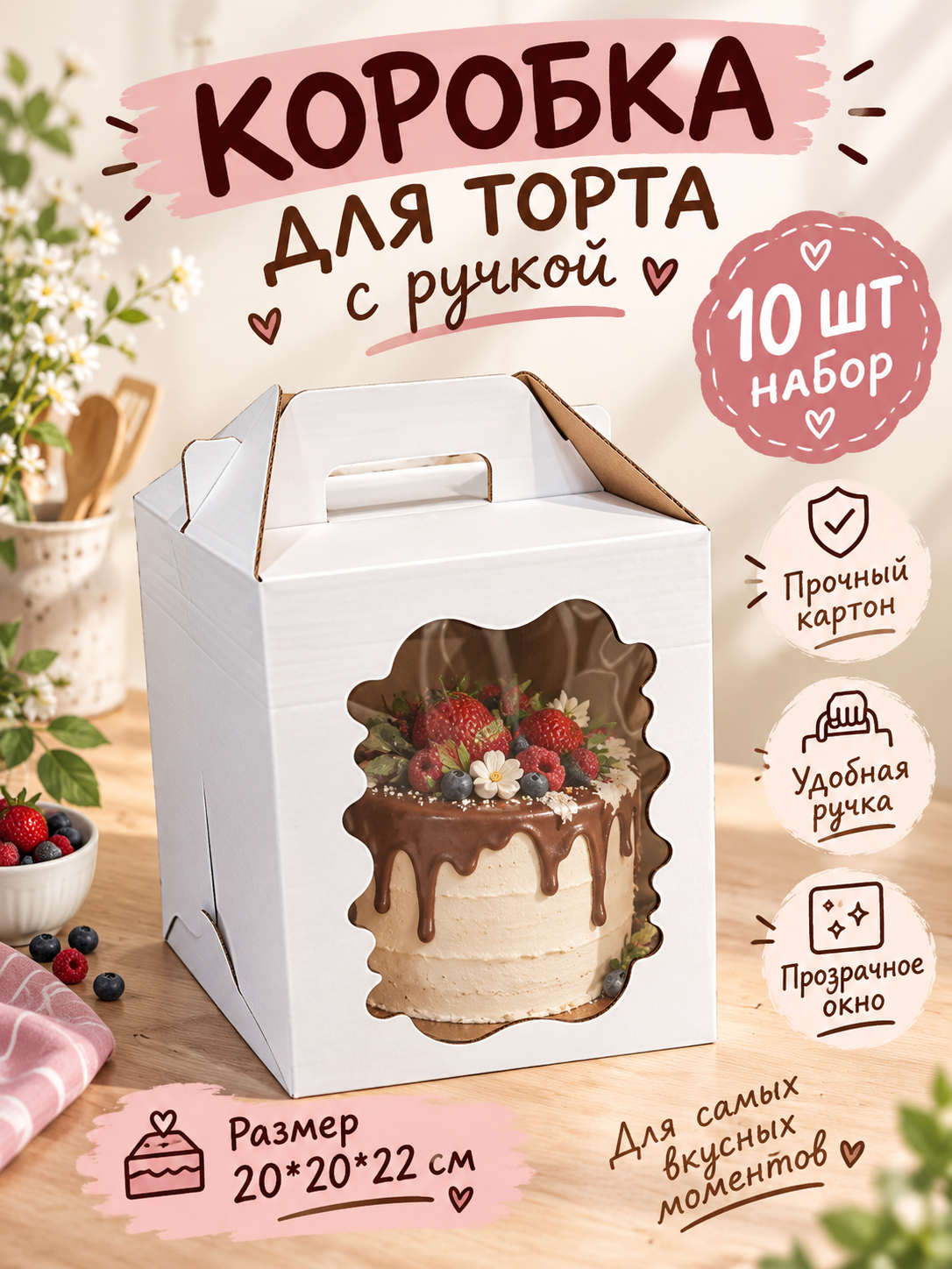 Коробка для торта 20*20*22 см, белая, с ручками и с окном, 10 штук